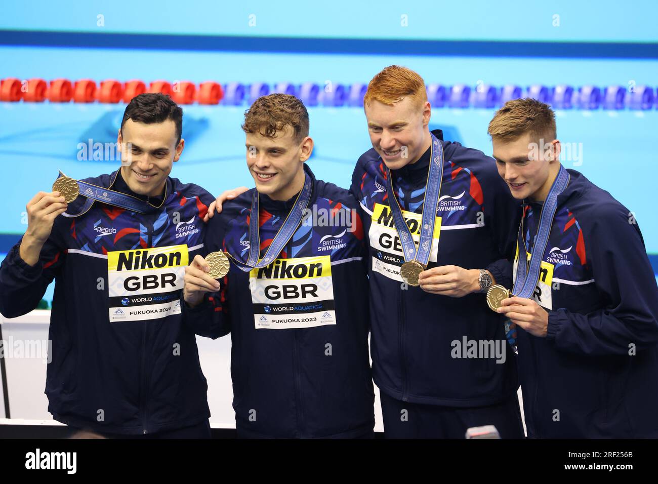 Team Great Britain (GBR) celebrates with their gold medals for the Men ...
