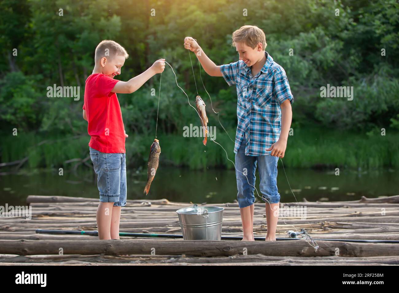The children caught a fish while fishing and show it to each other ...