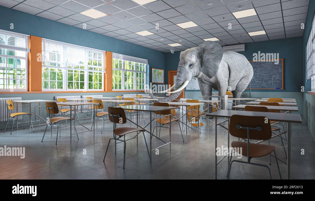 large elephant inside a modern school classroom. 3d render Stock Photo ...