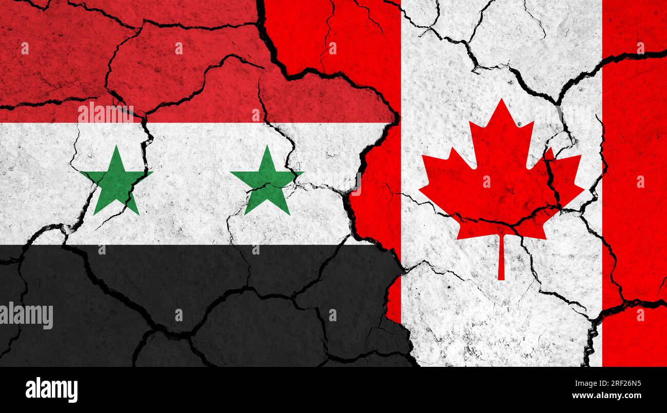 Flags of Syria and Canada on cracked surface - politics, relationship ...