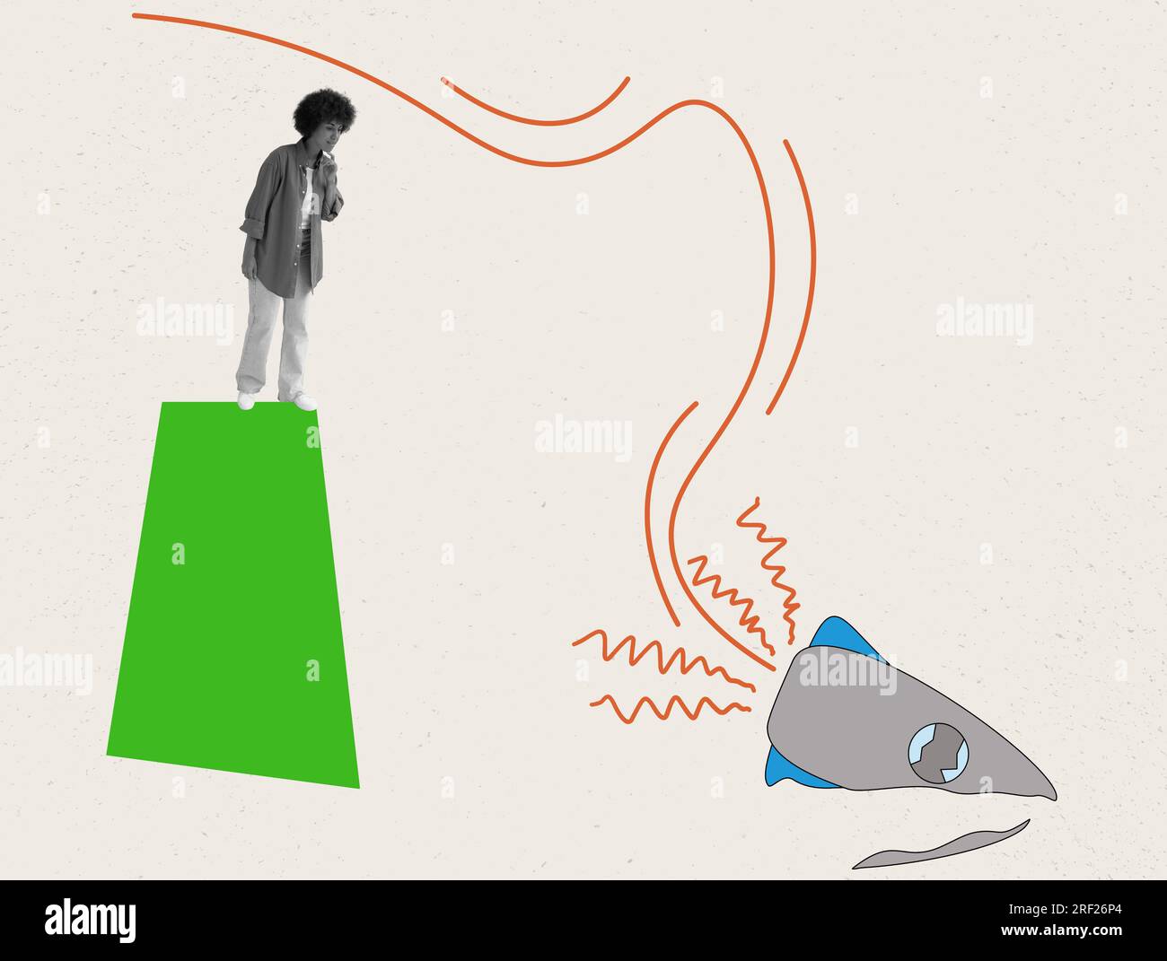 Collage where a woman looks at crashed rocket. Failure in business or ...