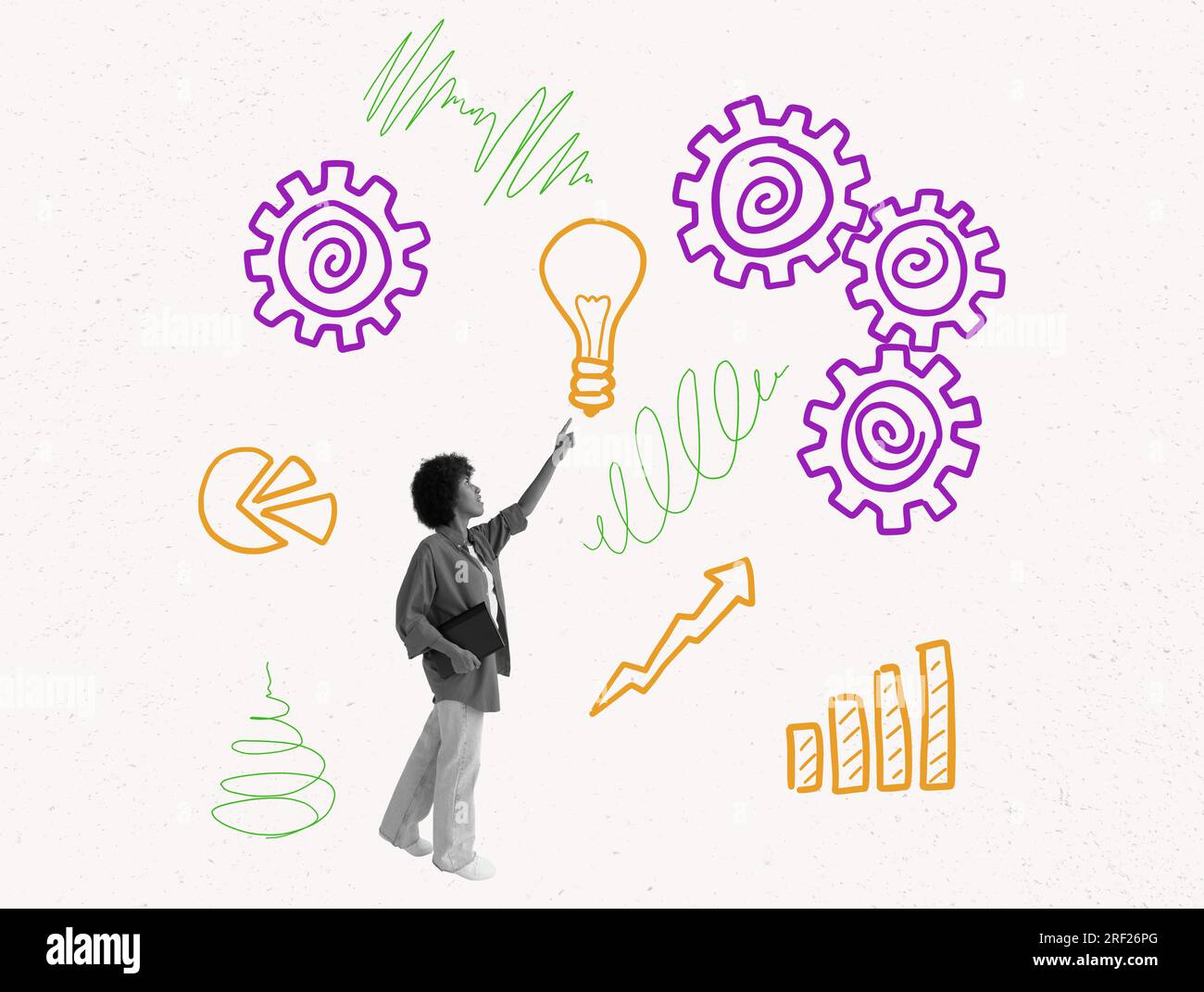 A young woman points to light bulb as a symbol of problem solving. Art ...