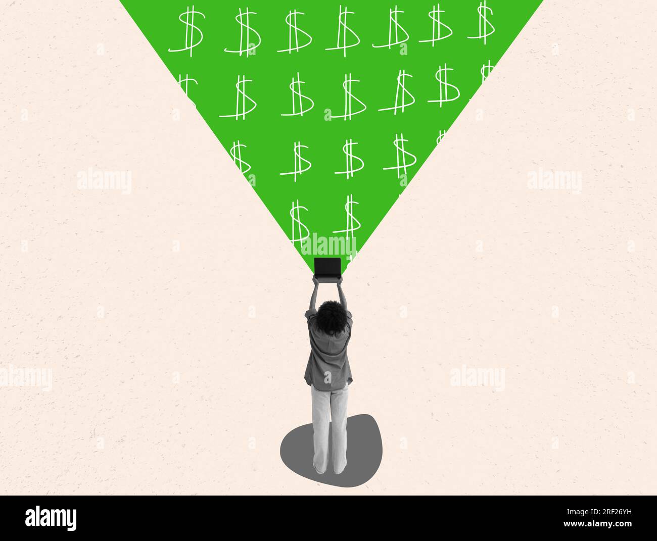 A collage where a girl holds laptop and dollar signs as a symbol of ...