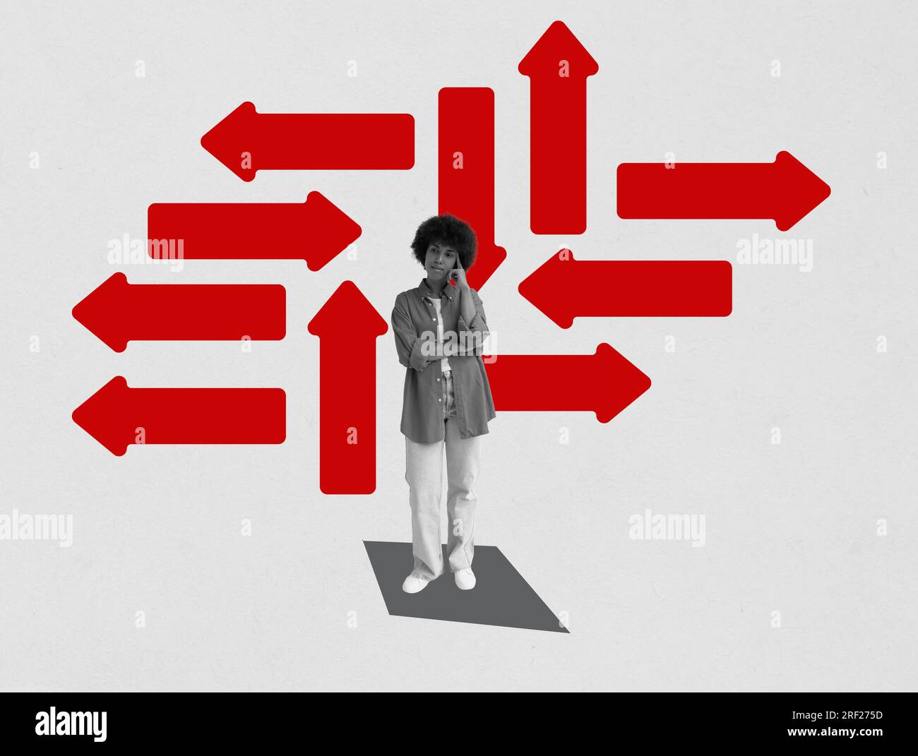 A collage with thoughtful girl and arrows in different directions ...