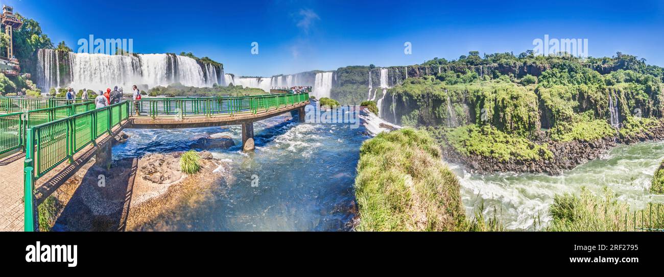Panoramic image over the impressive Iguacu waterfalls in Brazil during ...