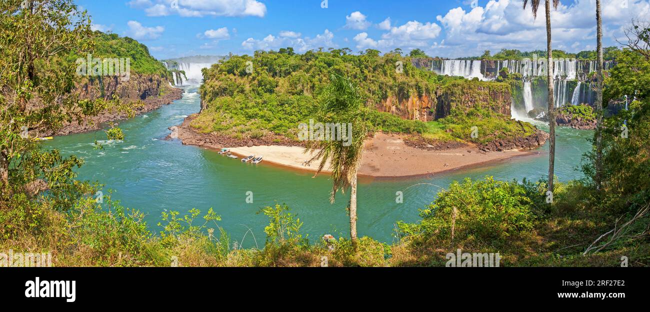 Panoramic image over the impressive Iguacu waterfalls in Brazil during ...