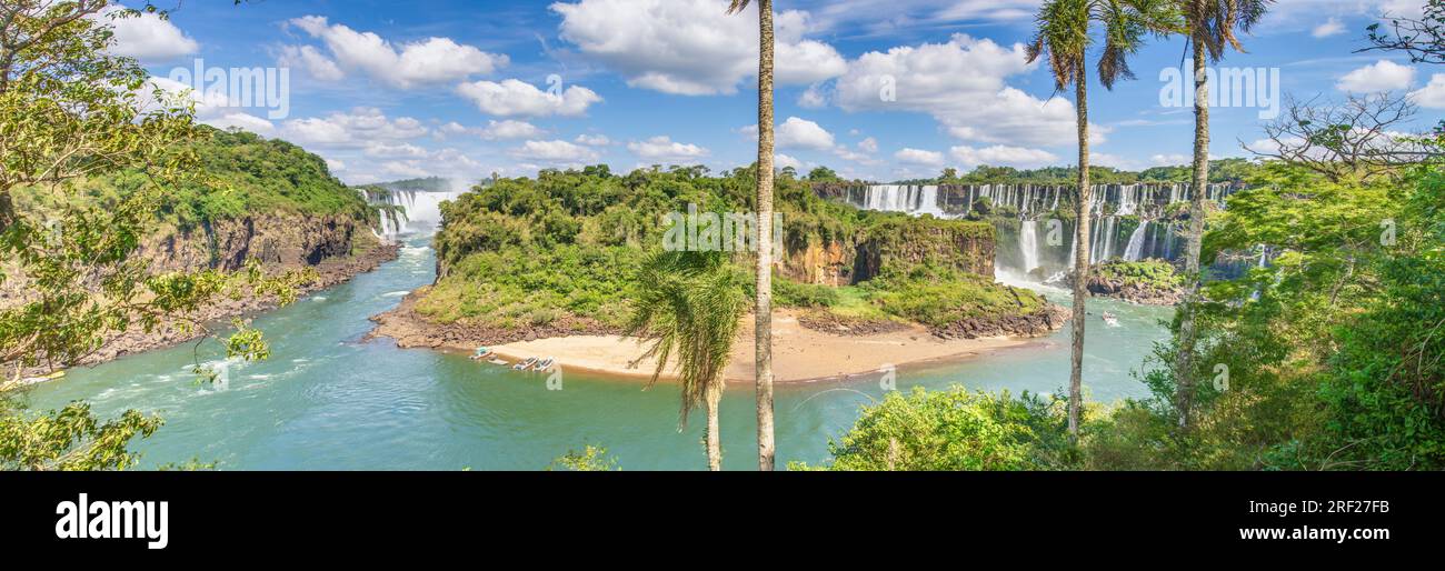 Panoramic image over the impressive Iguacu waterfalls in Brazil during ...