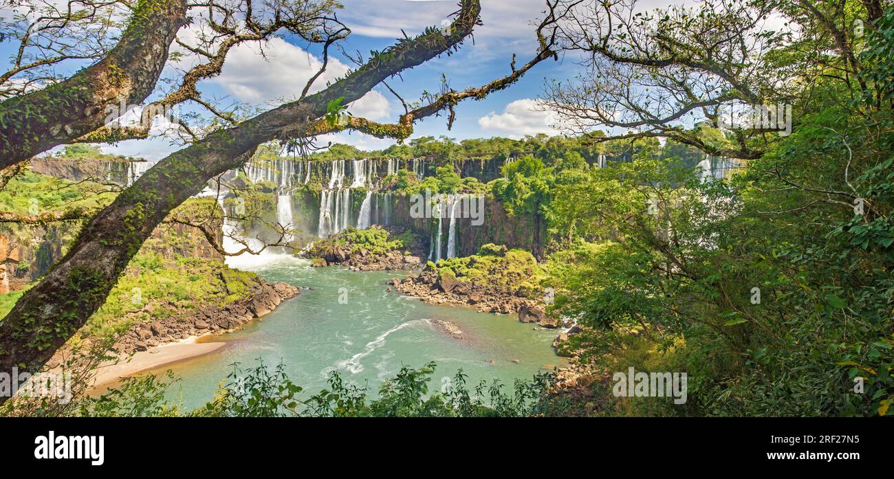 Panoramic image over the impressive Iguacu waterfalls in Brazil during ...