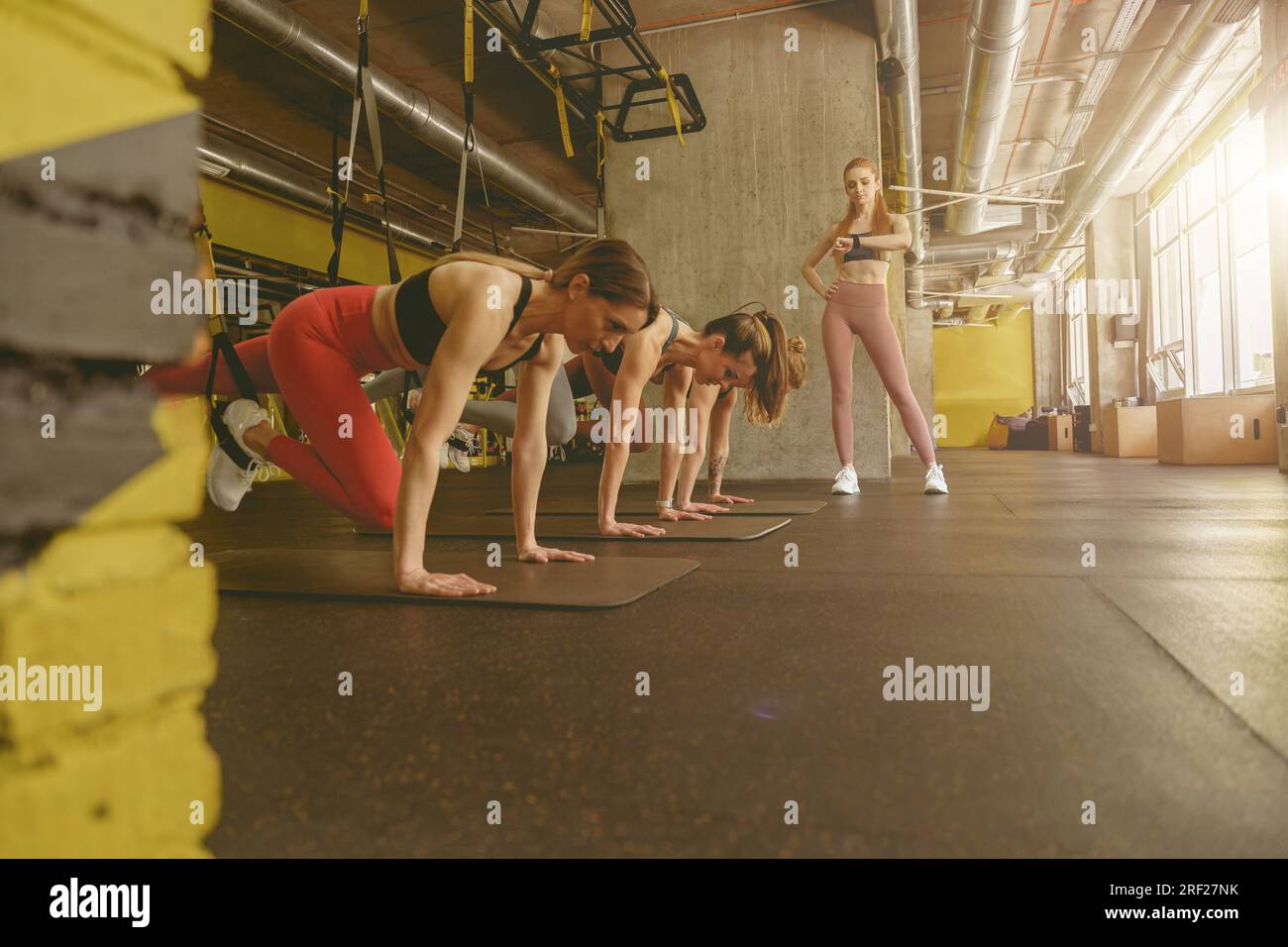 Fit women doing push-ups training exercises with fitness trx suspension ...