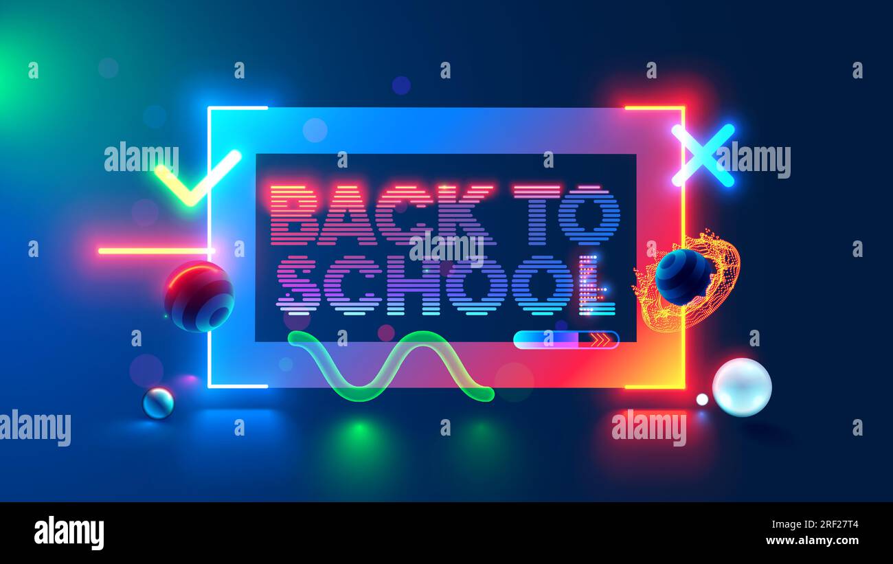 Banner with text Back to School. Neon Letters Back to school in frame ...