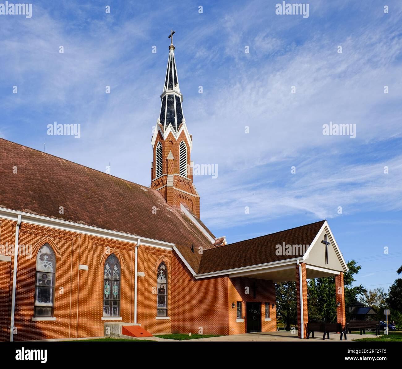 Tower of Our Lady Lourdes Catholic Church in Chester, Iowa, United ...