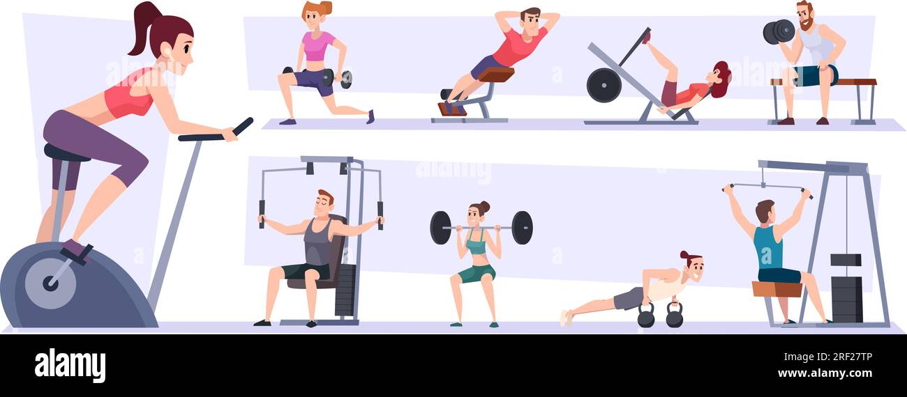 Fitness people. Sport characters making activity in fitness gym exact ...