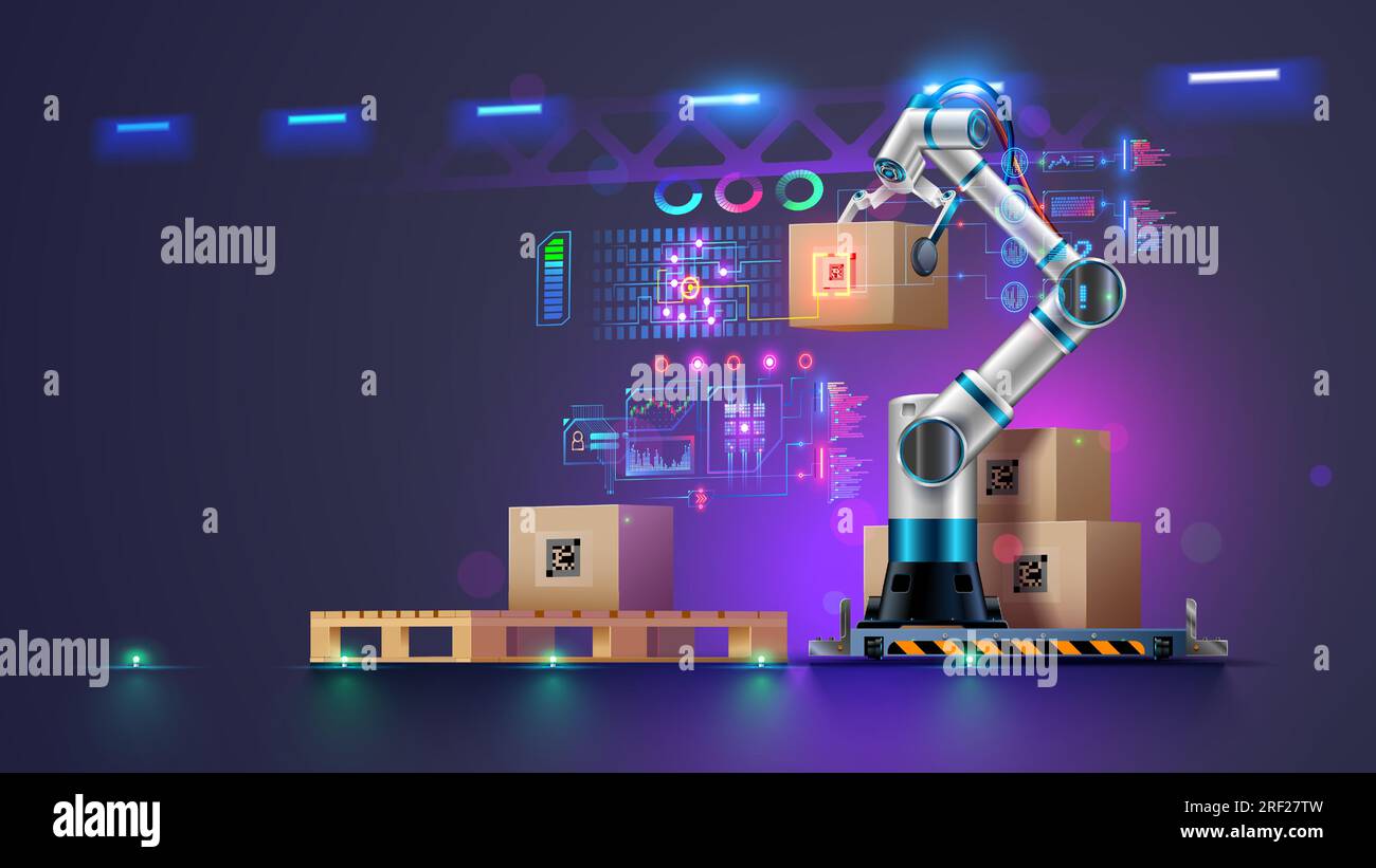Robot arm work on smart warehouse. Robotic arm puts boxes on pallets. Automation logistics on ...