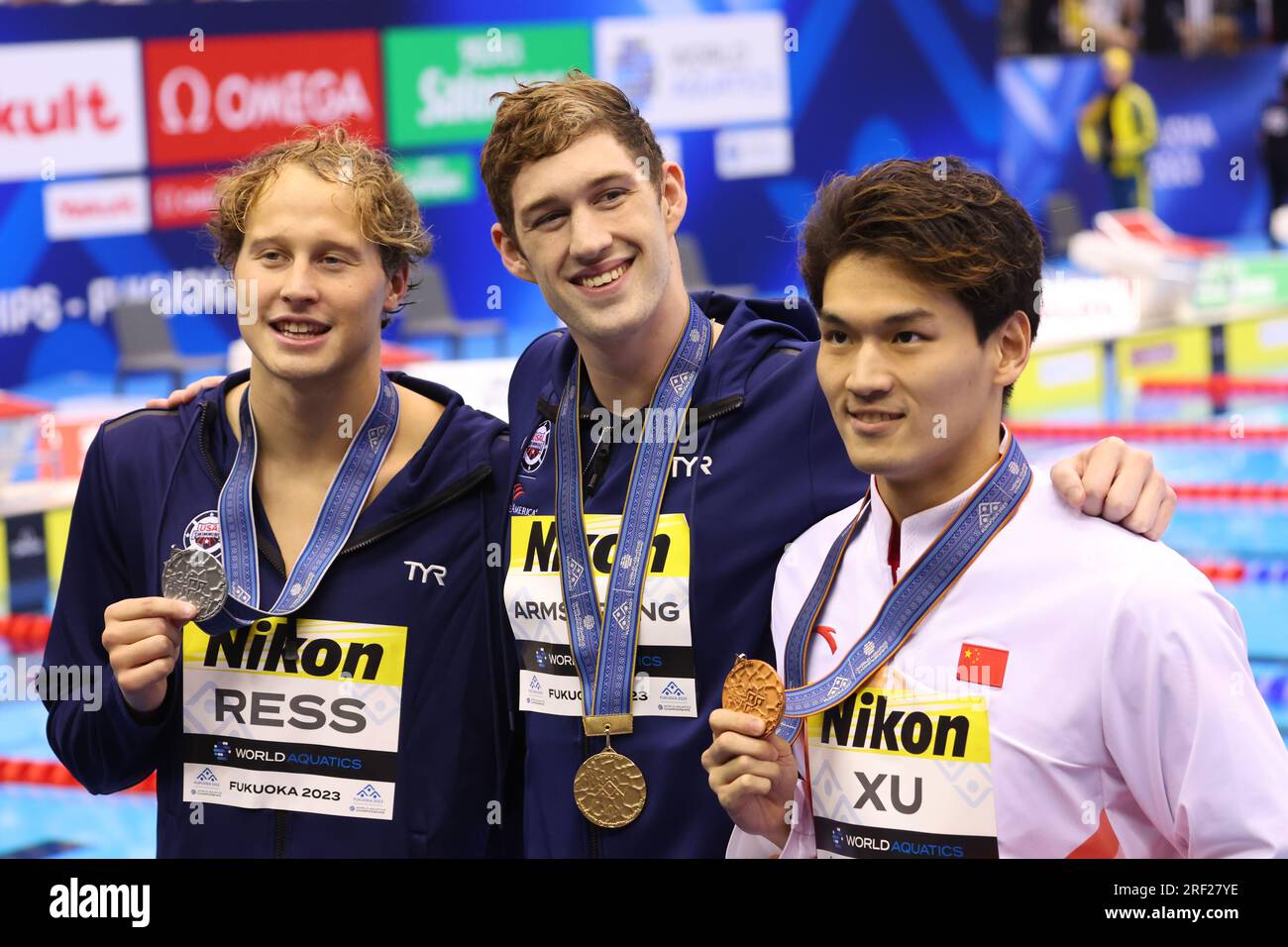 Justin REES (USA), Hunter ARMSTRONG (USA), and Jiayu XU (CHN) celebrate ...