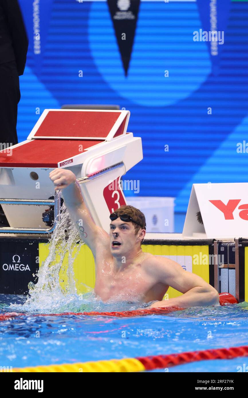 Hunter ARMSTRONG (USA) celebrates winning the Men 50m Backstroke final ...