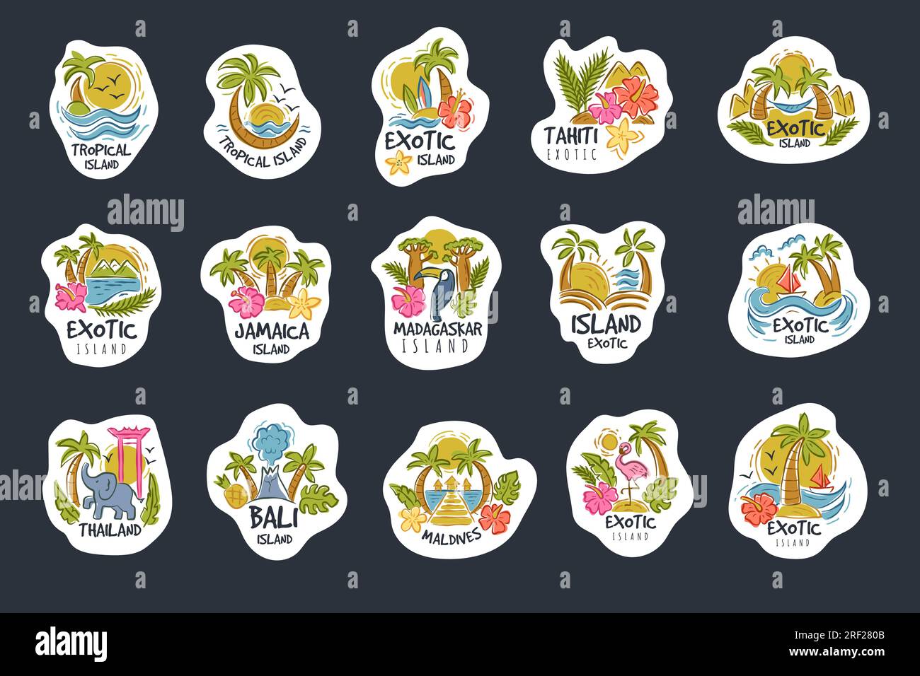 Island badges. Exotic places on beach for beautiful relax time recent ...