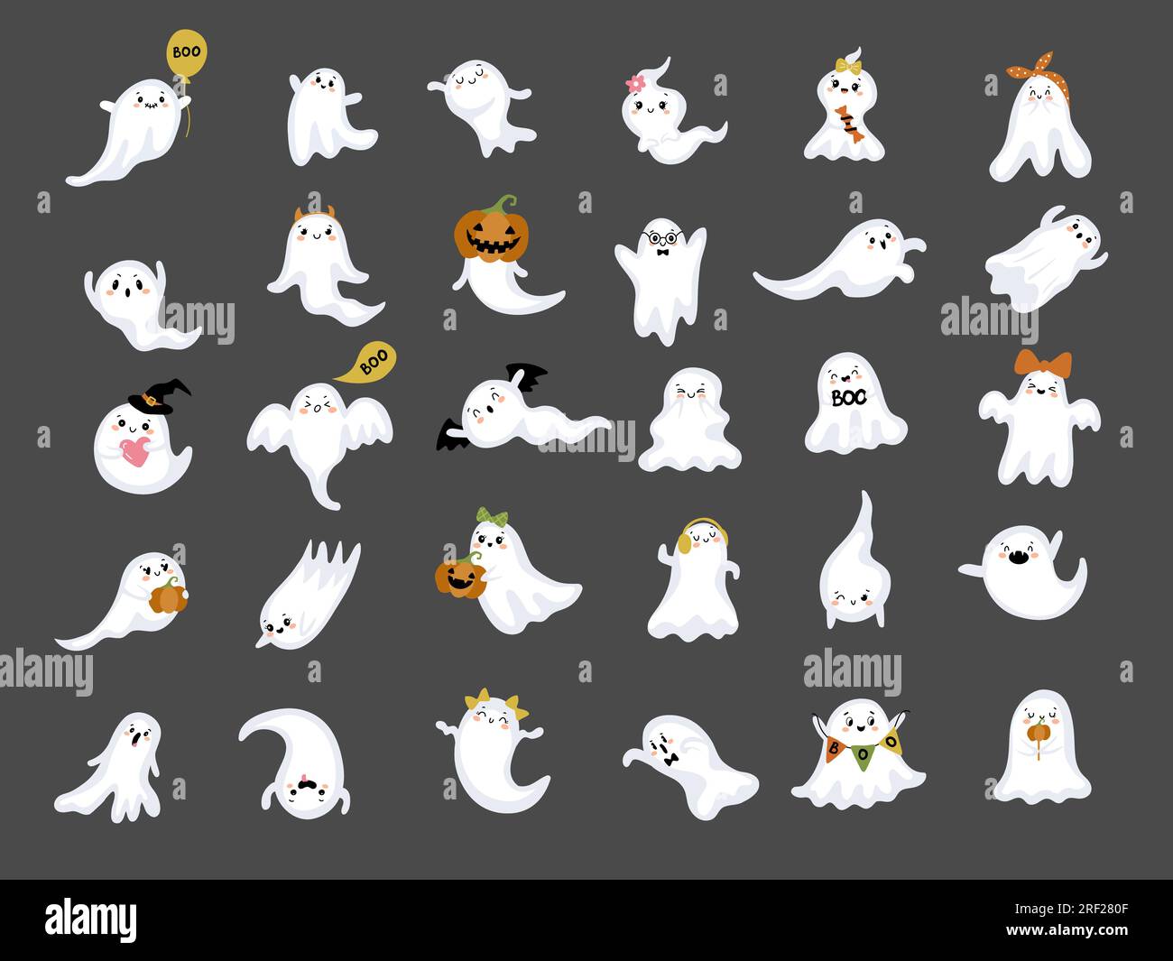 Little ghosts. Facial expressions of creepy happy ghosts recent vector ...