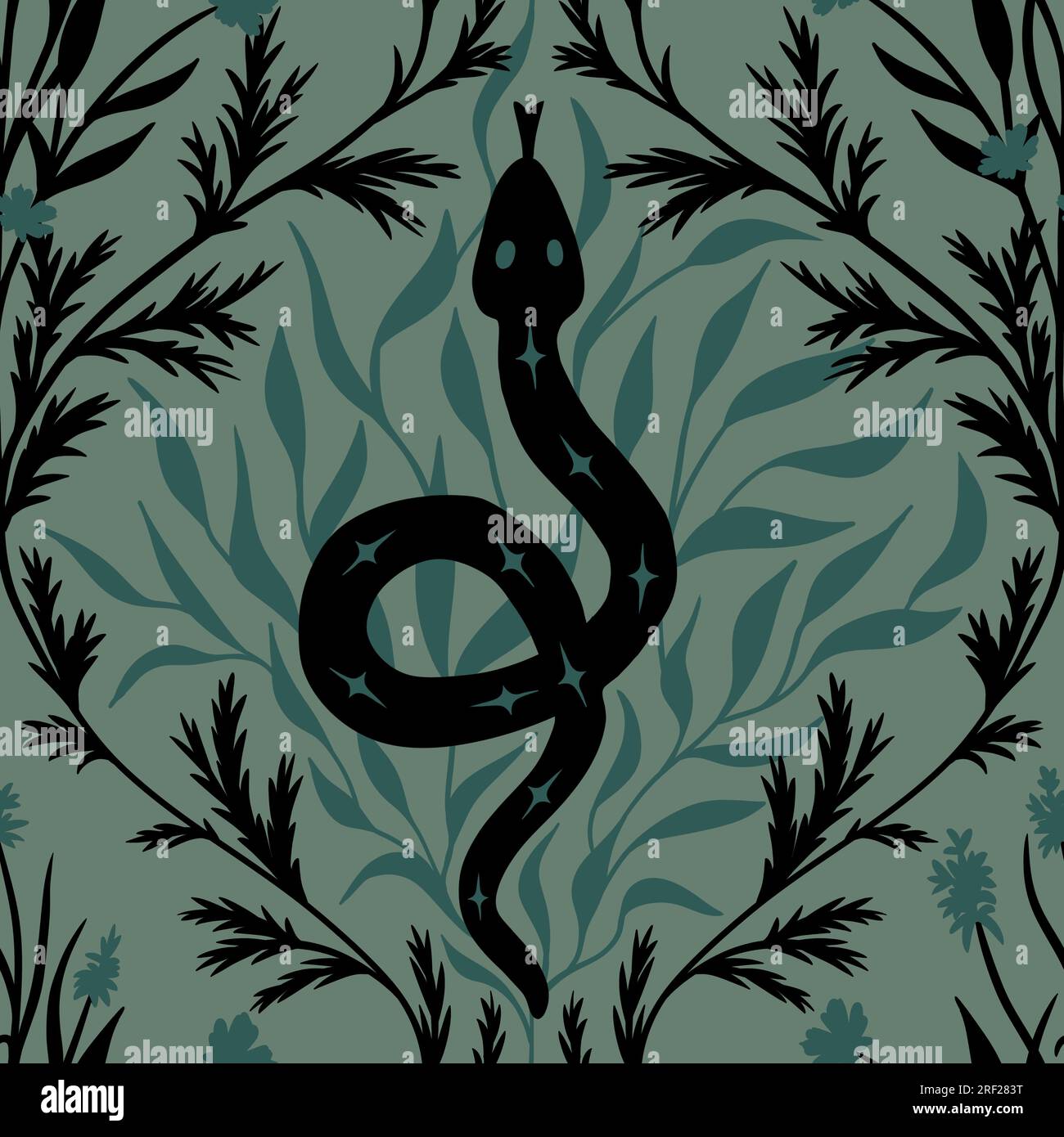 Hand drawn seamless pattern of black snake on sage green background ...