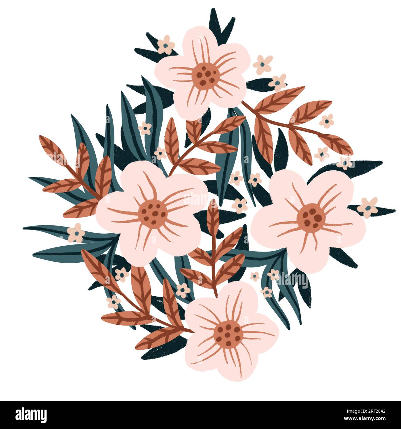 Hand drawn illustration of beige retro flowers with blue brown ochre ...