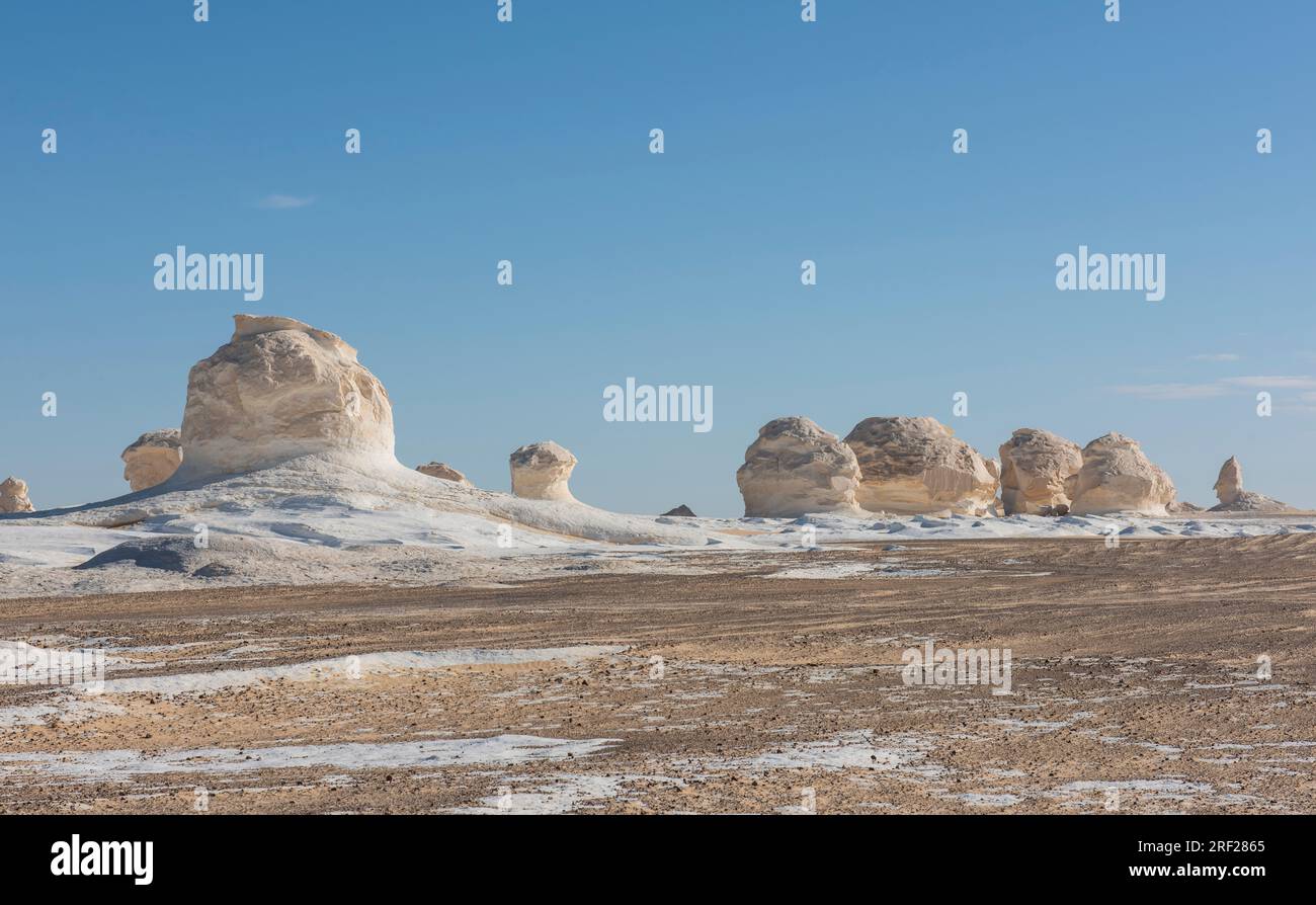 Landscape scenic view of desolate barren western white desert in Egypt ...