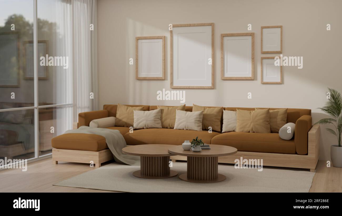 Interior design of a modern and cozy living room in warm tone with a ...