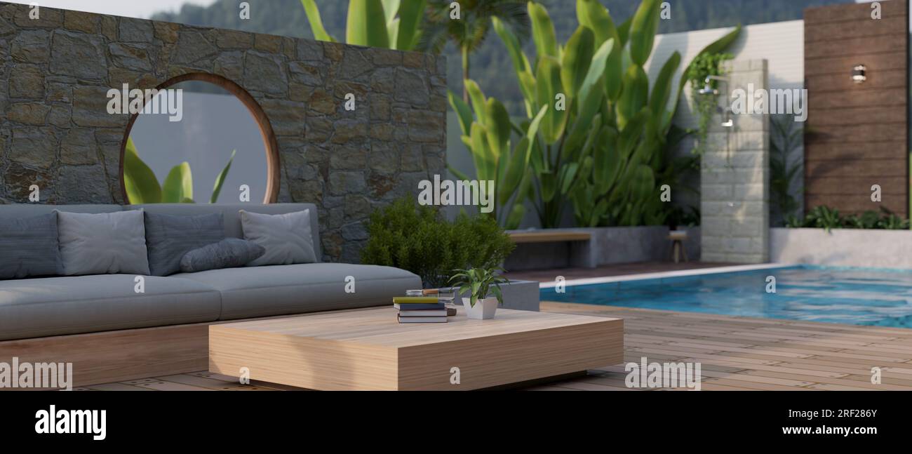 Beautiful and modern home courtyard with swimming pool and relaxation ...