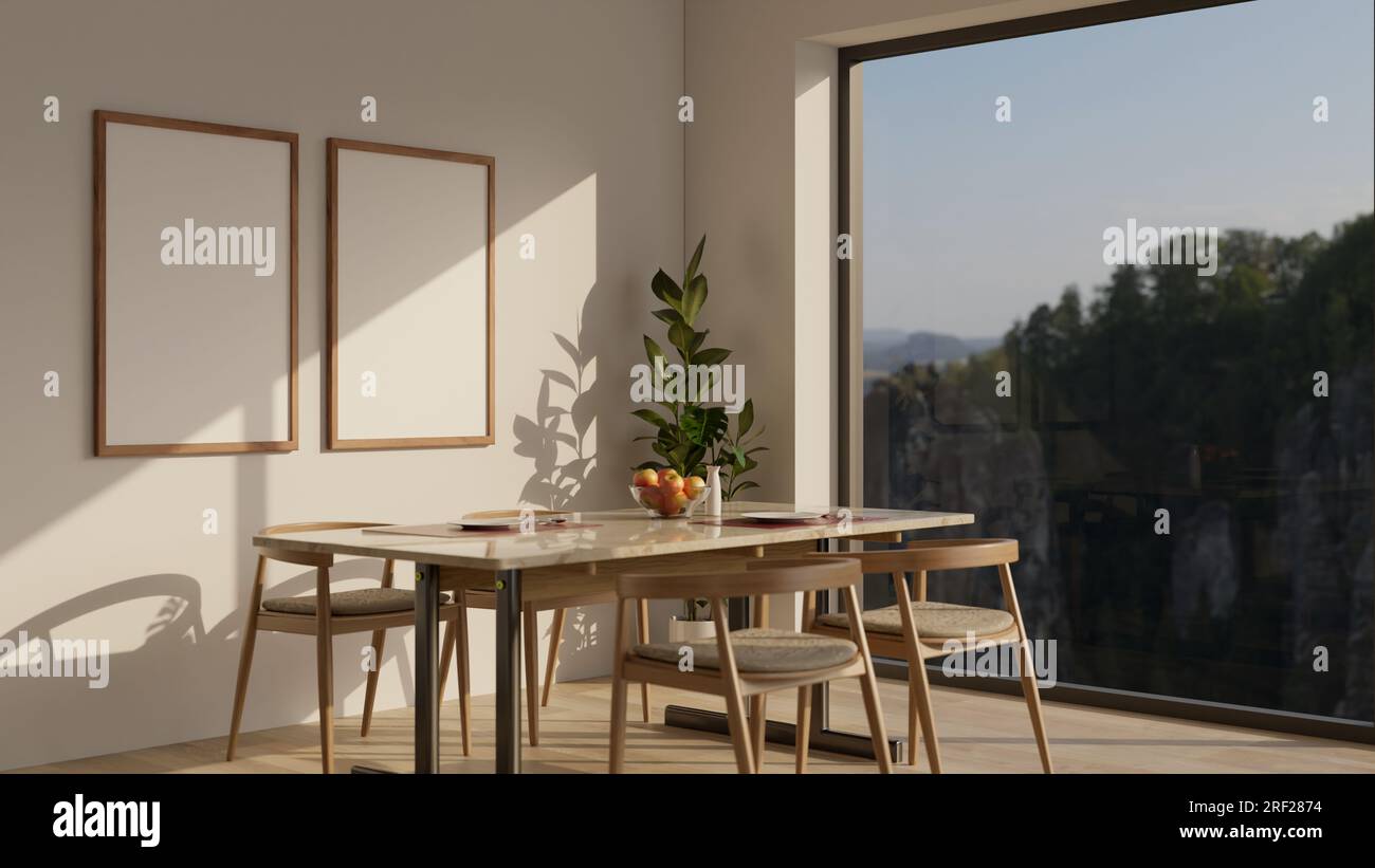 A beautiful Scandinavian dining room with a minimal dining table by the ...