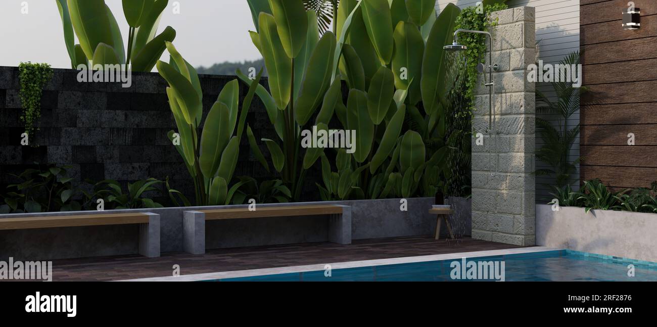 A modern beautiful home terrace with a swimming pool, tropical garden ...