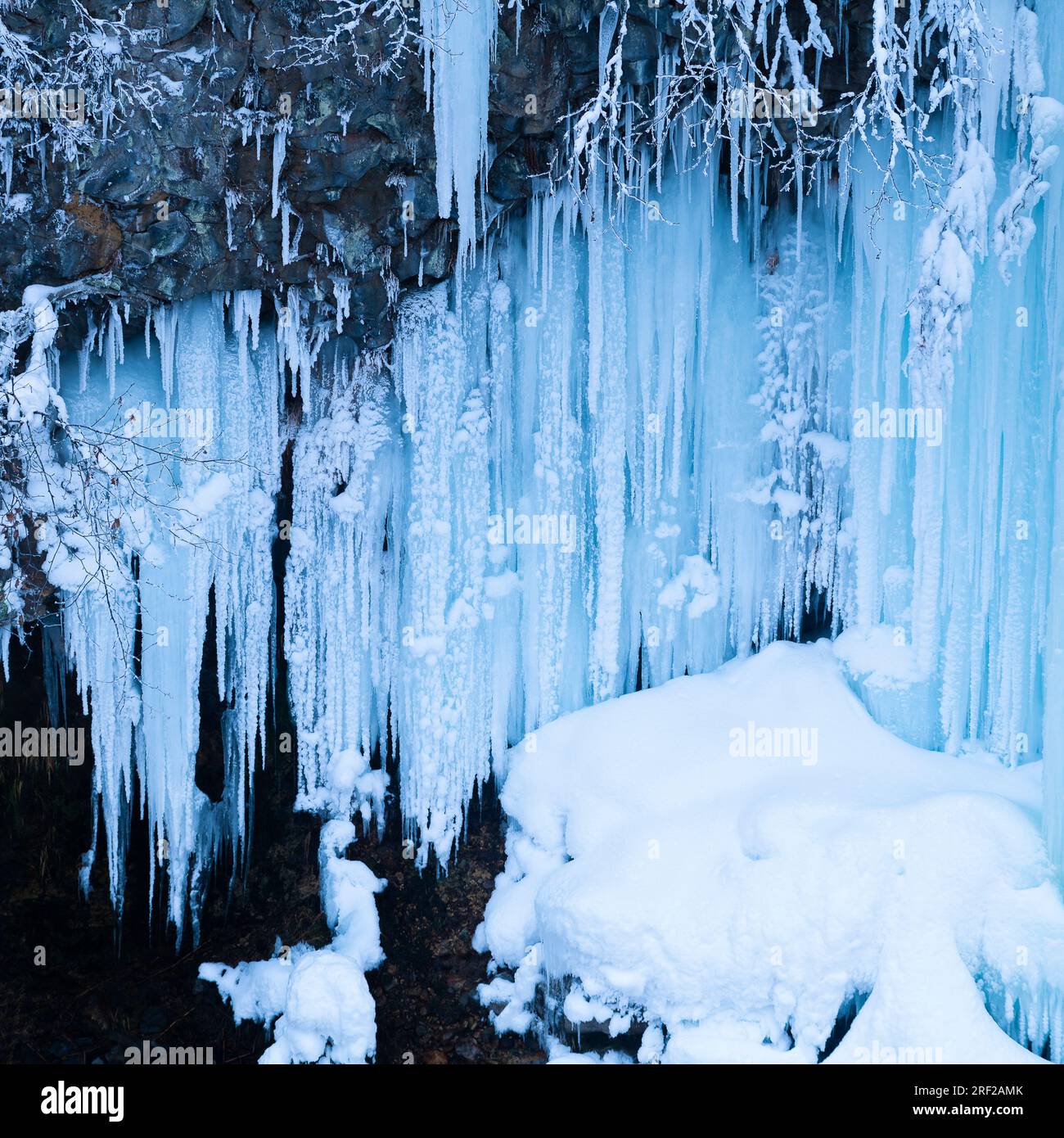Closeup of icicles at frozen Shirahige Waterfall, Biei, Hokkaido, Japan ...