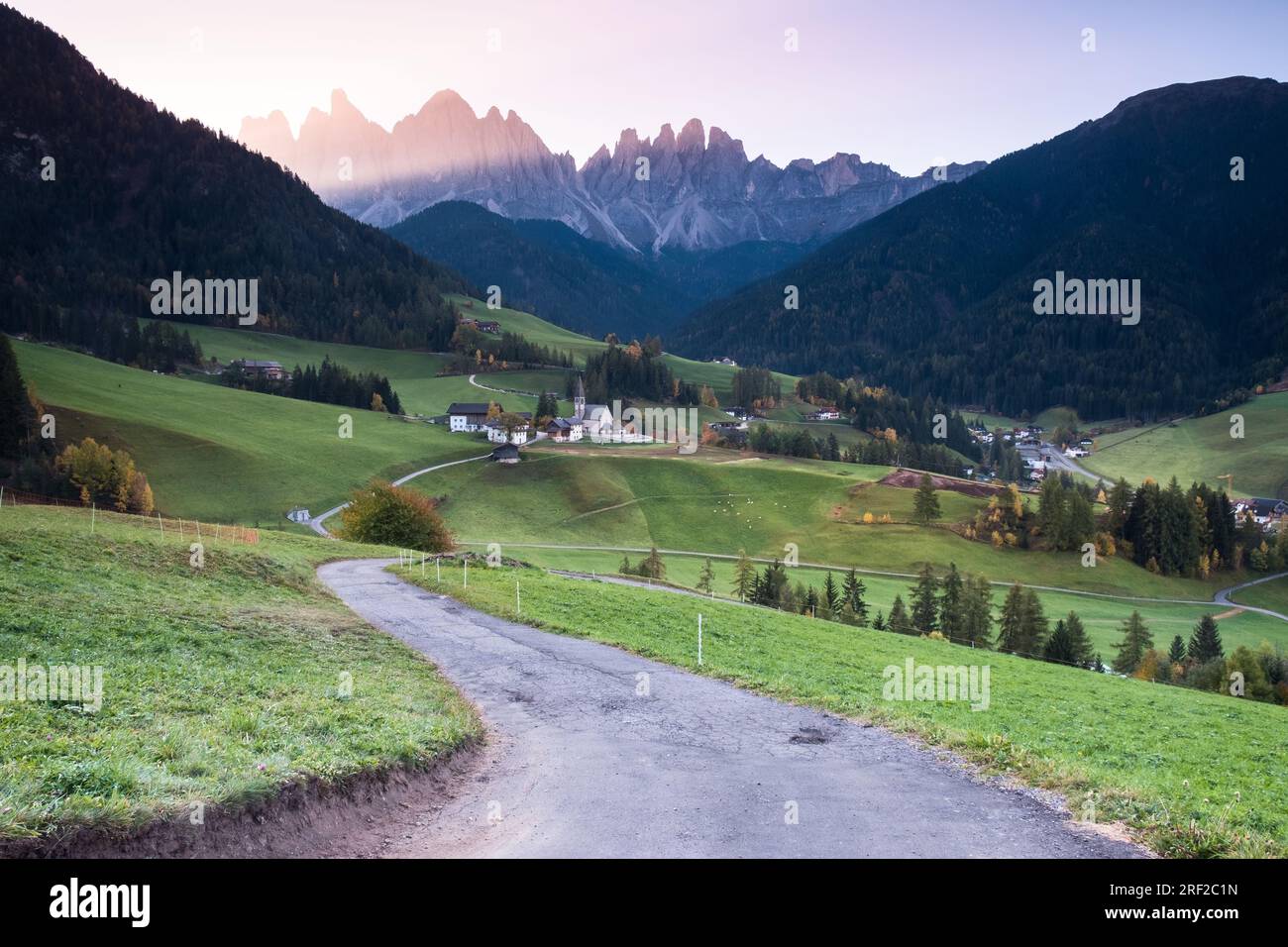 Countryside sunny morning view of the St. Magdalena, Santa Maddalena in ...