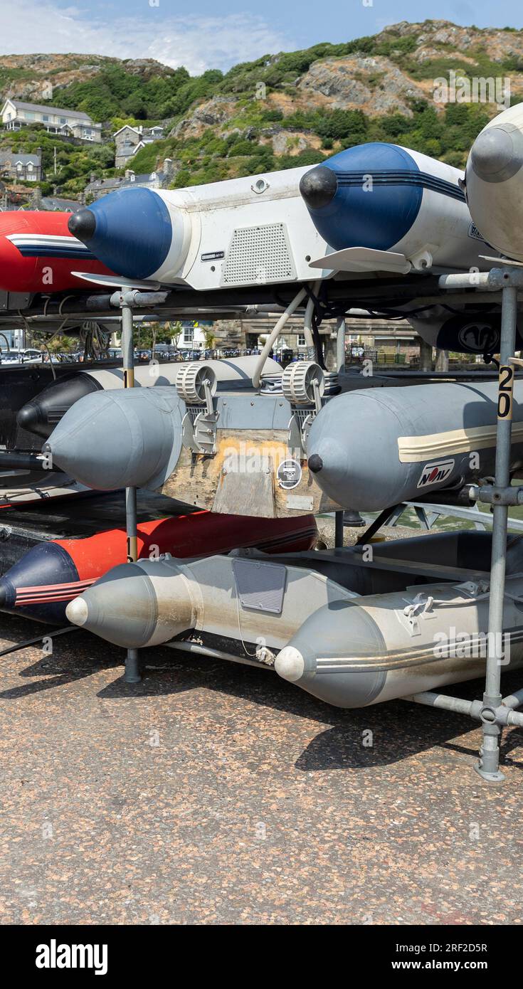 Barmouth ,wales, 14 June 2023, inflatable motor boats stored on ...