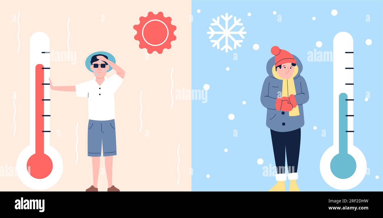 Winter and summer seasons, cold and hot weather. Flat man stand with ...