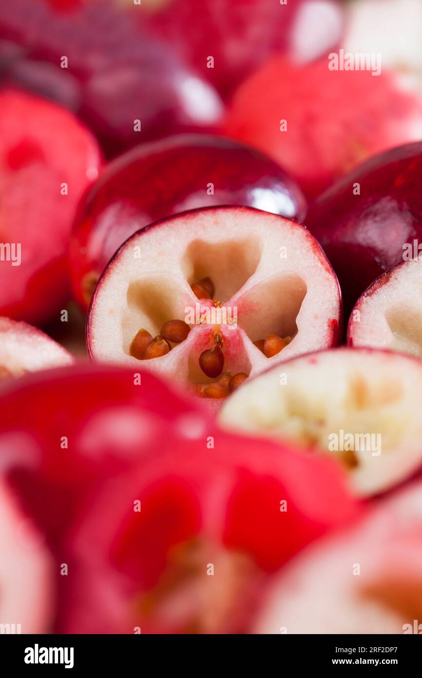 homemade cranberries grown in an industrial garden cut into slices, red ...