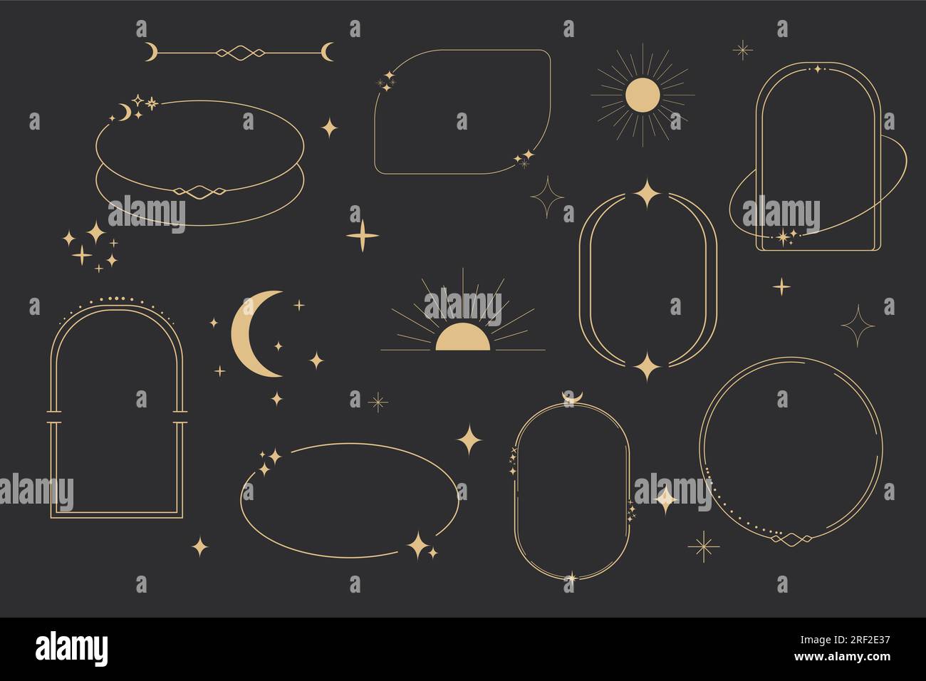Set golden celestial frames, borders, arch line art esoteric minimal decoration with sparkles ...