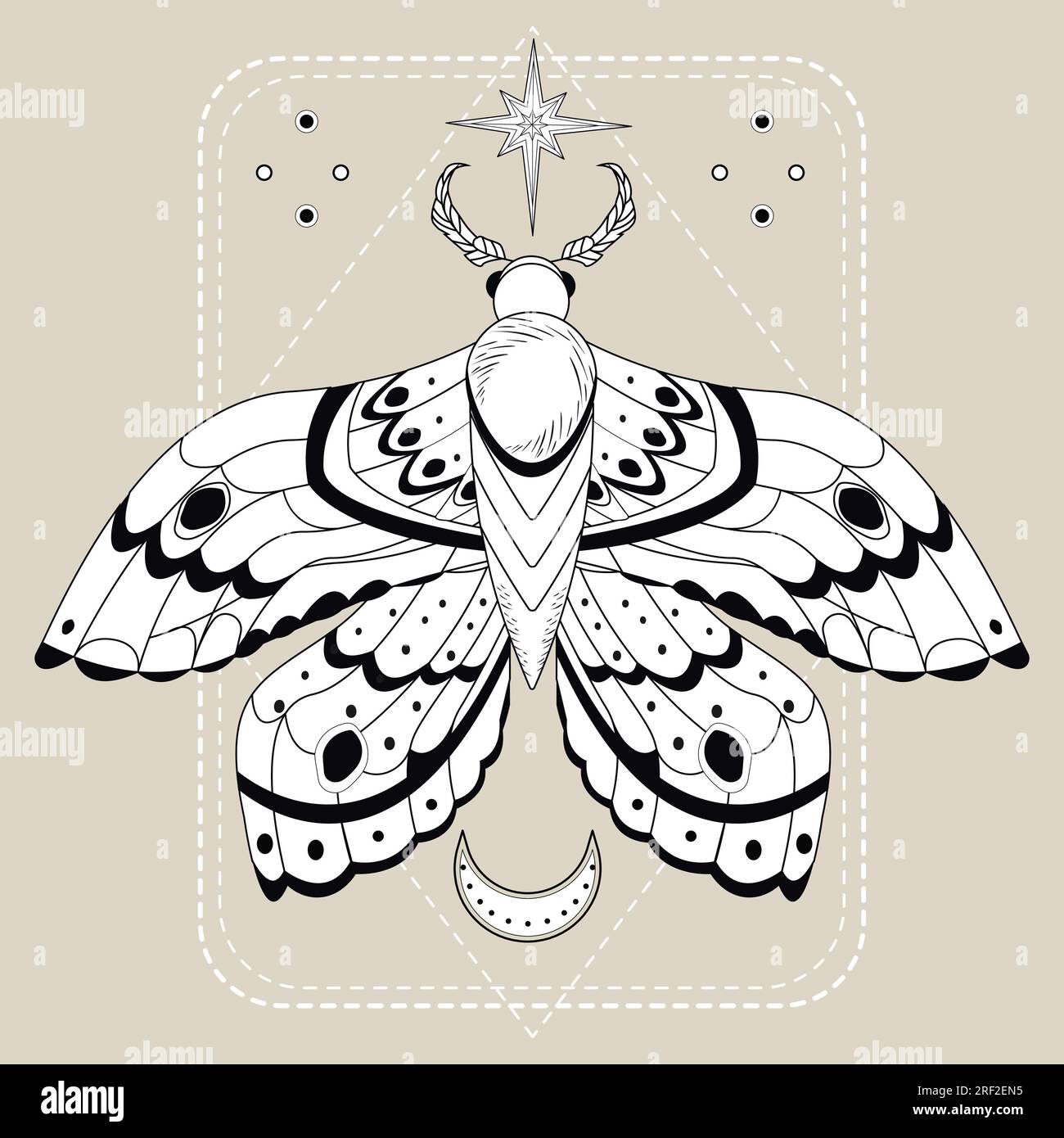 Magic mystic moth in doodle style, line art isolated, boho celestial esoteric symbol, tatoo or ...