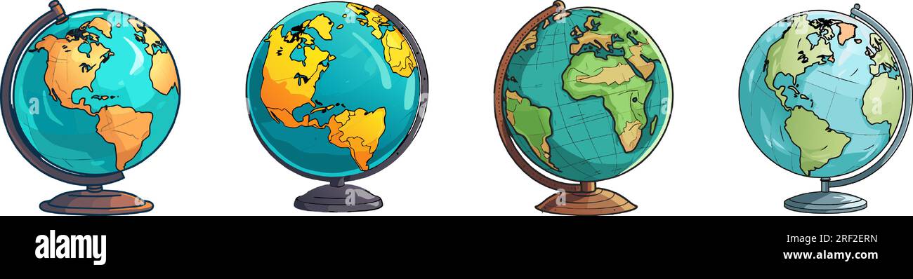 vector four globes. earth science model. blue and yellow globe model ...