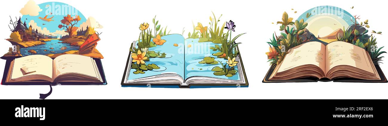 three reading books. three earth vector illustrations. landscape ...