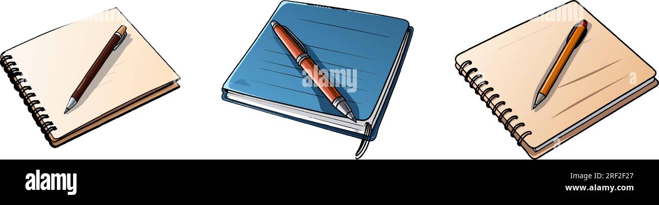 three notebooks with pens. blue white and cream notebooks vector ...