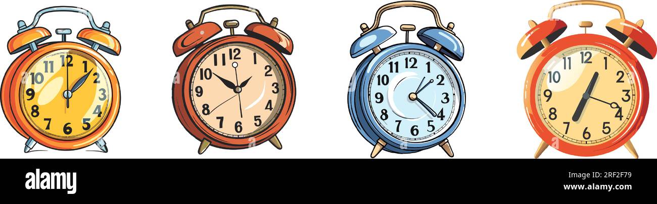 four vintage clocks. red blue orange and pink vector clocks. four old ...