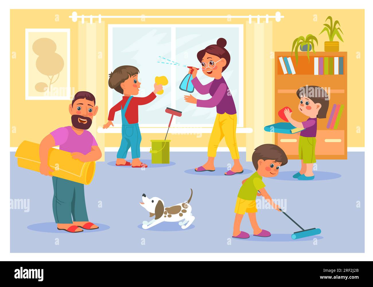 Happy family tidying up room. Children helping parents. Mom and son ... Happy family tidying up room. Children helping parents. Mom and son ...
