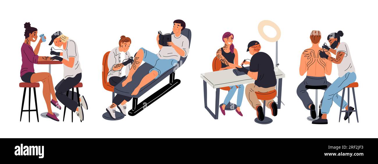 Tattoo artists characters. Professional tattooists with clients ...