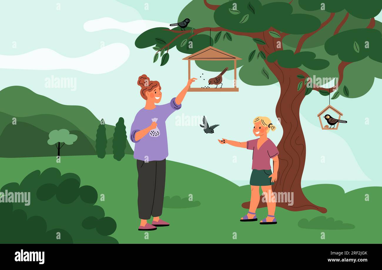Happy mom and daughter feeding birds. Girls pouring grain into tree ...