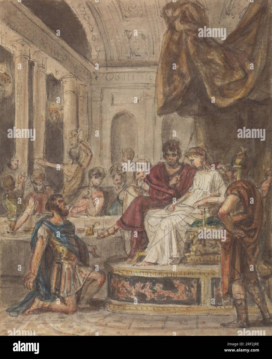 Banquet Scene, with a Roman Soldeir Kneeling to a Famale Figure Sitting ...