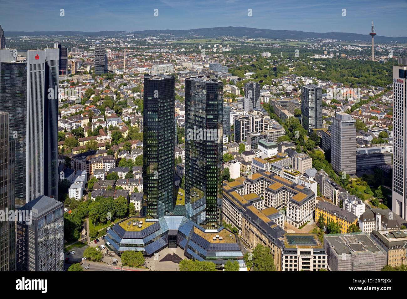 view of the Twin Towers of Deutsche Bank from the MainTower, Germany ...