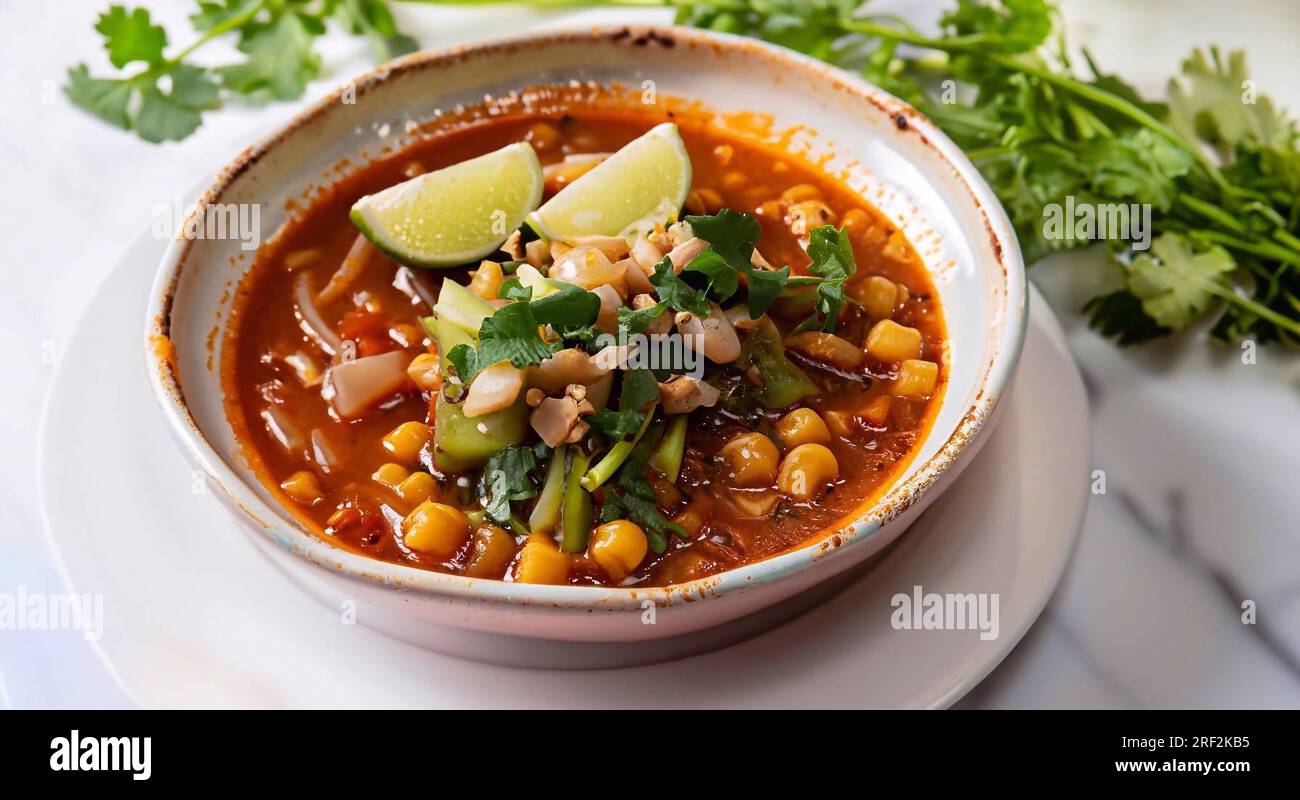 Mexican Red Pozole, Pork and Hominy Stew Stock Photo - Alamy