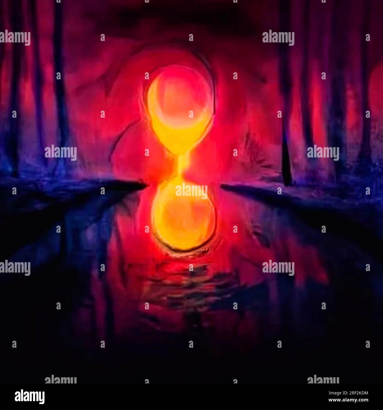 Dark forest. Gloomy dark scene with trees, big moon, moonlight. Smoke ...