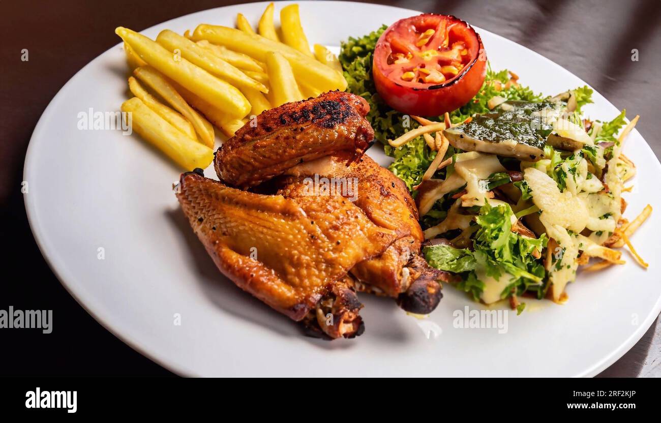 Peruvian dish called Pollo a la brasa with french fries and salad Stock ...