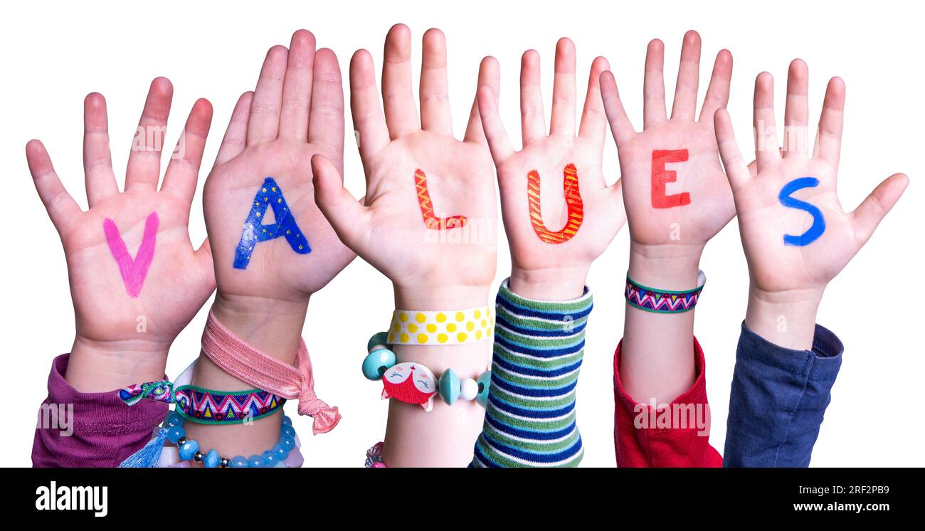 Children Hands Building Word Values. White Background Stock Photo - Alamy