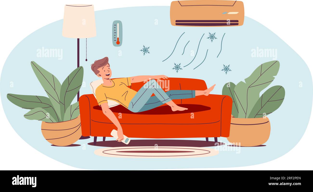 Man under conditioner. Satisfied guy enjoy cold air conditioning in ...