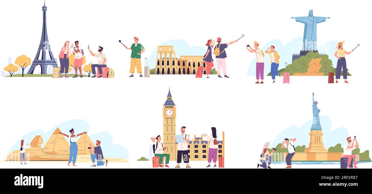 Tourists photo landmarks. People sightseeing, tourist with camera and ...